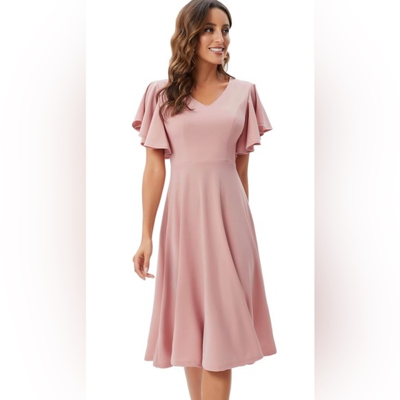 Bridesmay | Dresses | Modest Pink Dress Flared Midi Cocktaill Aline ...
